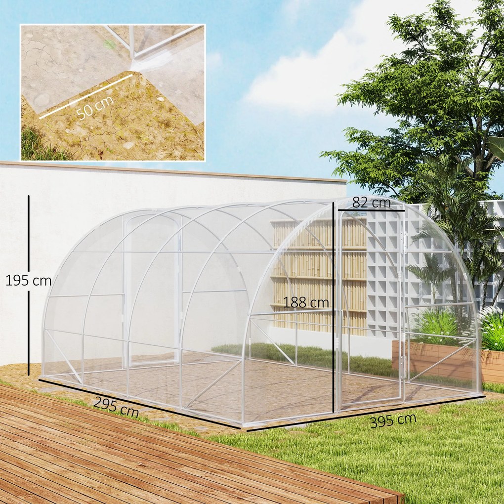 Outsunny Zeleninový Tunelový Skleník 4x3x2m s 2 Dveřmi a Pokrytím PE 150g/m², Pozinkovaný Ocelový Rám a Kulatá Střecha pro Pěstování Rostlin a Květin