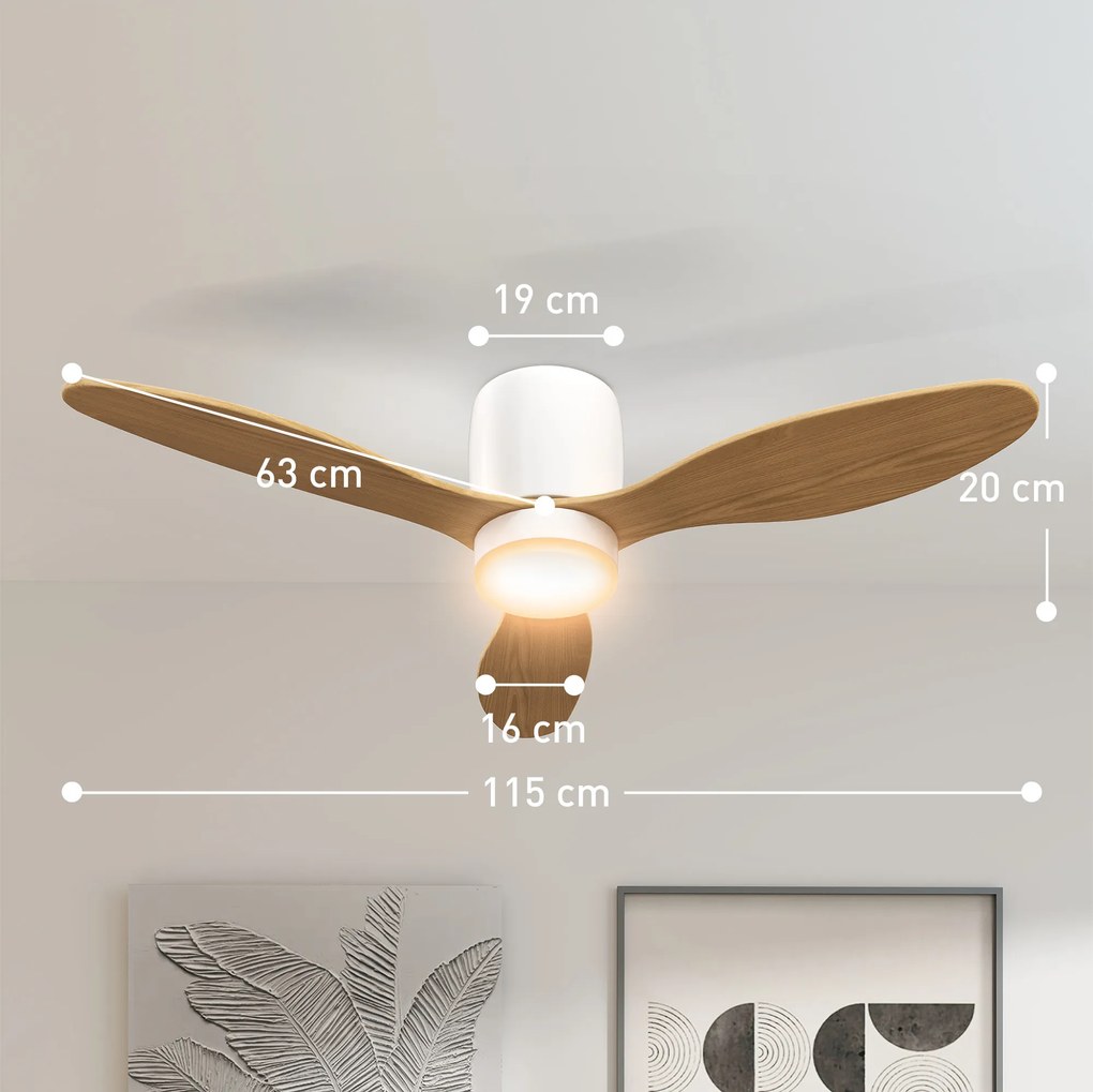 Stropní ventilátor s nastavitelným světlem a dálkovým ovládáním 115 cm, 3 barvy, 3 lopatky, 6 rychlostí, časovač, příroda