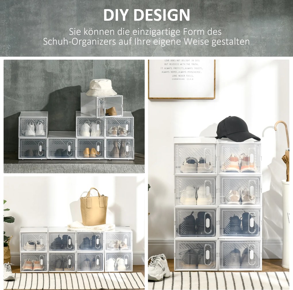 HOMCOM Botník DIY zásuvný s 8 přihrádkami, obdélníkový botník, plast, průhledný, 25x35x19cm| Aosom