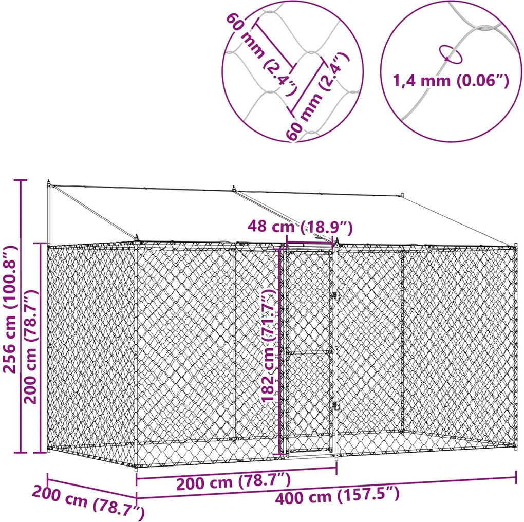 Psí klec s střechou Stříbrná 400 x 200 x 256 cm Ocel a PE 3368301
