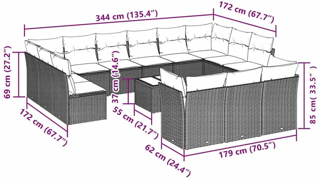 14dílná zahradní sedací souprava s poduškami černá polyratan 3250295