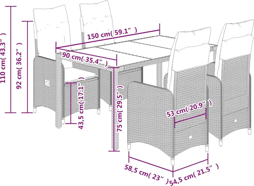 5dílný zahradní bistro set s poduškami černý polyratan 3276990