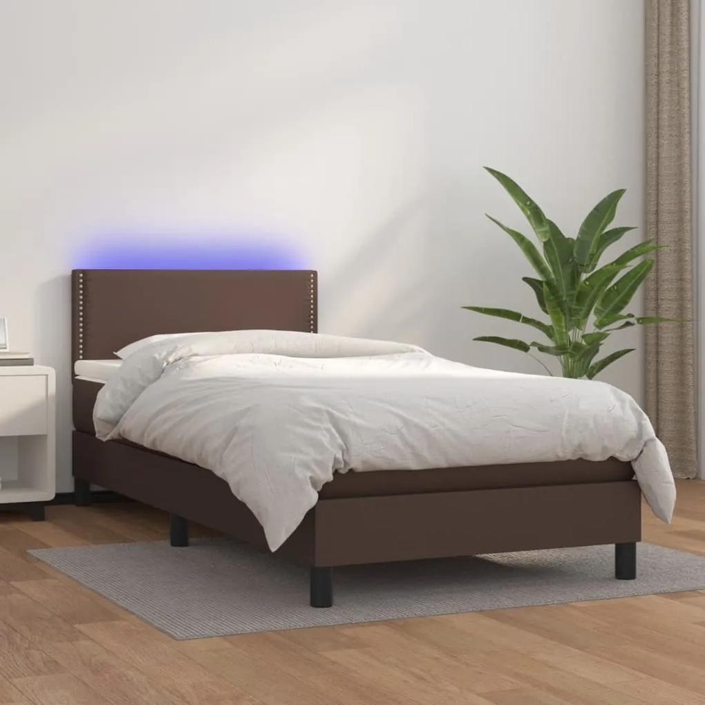 Box spring postel s matrací a LED hnědá 90x200 cm umělá kůže,  3134144