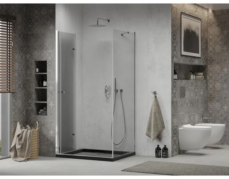 Mexen Lima, sprchový kout se skládacími dveřmi 100 (dveře) x 80 (stěna) cm, 6mm čiré sklo, chromový profil + slim sprchová vanička černá + chromový sifon, 856-100-080-01-00-4070