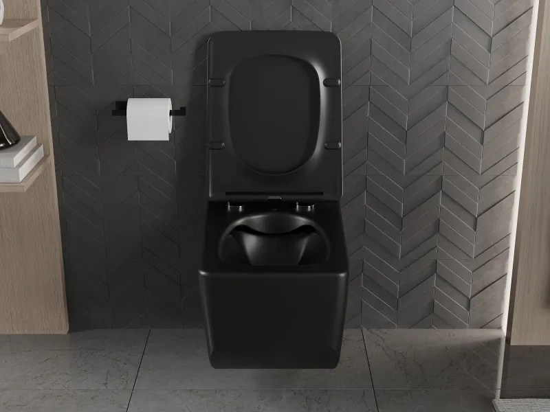 Mexen Vera, závěsné WC Rimless 51 x 36 cm s pomalu padajícím sedátkem z duroplastu, černá matná, 30164070