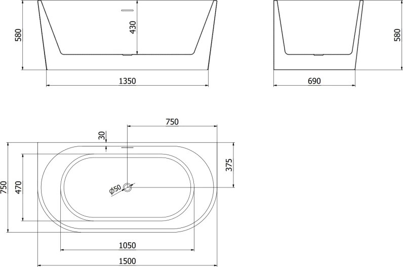 Mexen Oval, volně stojící nástěnná vana 150 x 75 cm, bílá, broušený grafit přepad, 52671507500-95