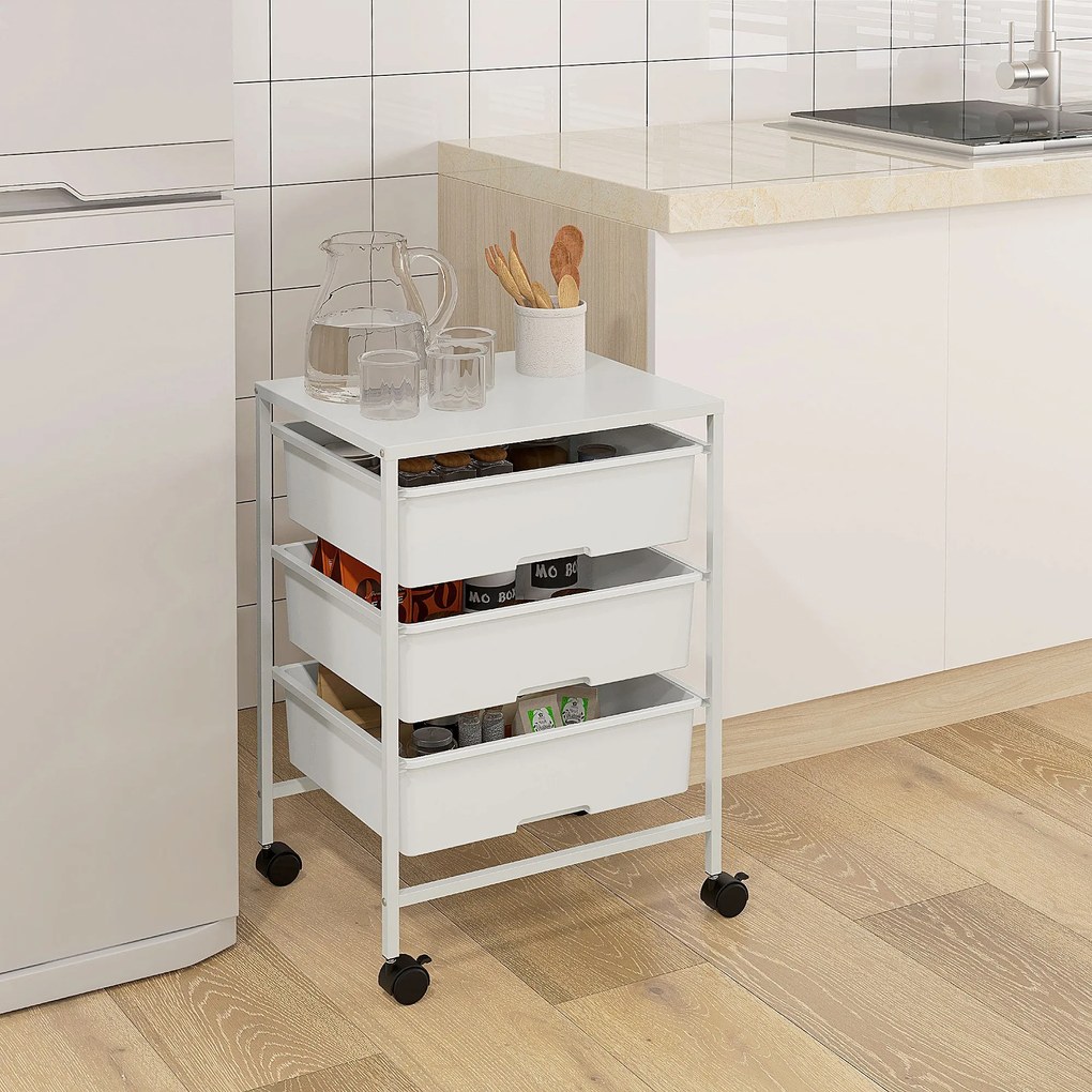HOMCOM Kolečkový Úložný Vozík 3-Tier Kuchyňský Vozík se 3 Košíky pro Skladování a Ocelovým Rámem do Jídelny a Koupelny 40,8x33,5x60,5 cm Bílý