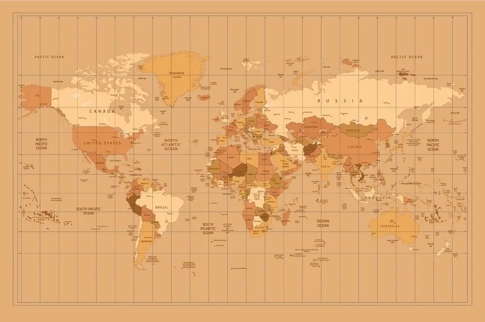 Tapeta mapa světa v béžovém odstínu - 375x250 cm