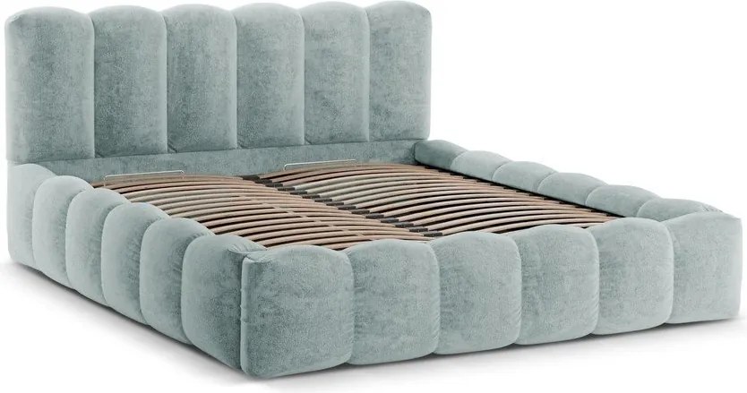 Světle modrá čalouněná dvoulůžková postel s úložným prostorem s roštem 160x200 cm Lupine – Micadoni