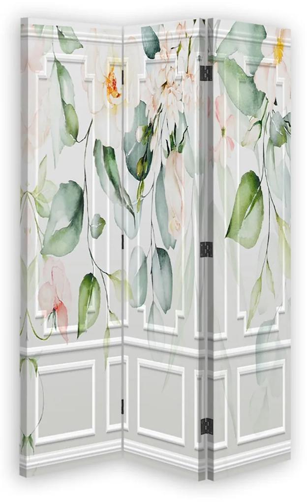 Ozdobný paraván Zelené listy Květiny - 110x170 cm, třídílný, obustranný paraván 360°