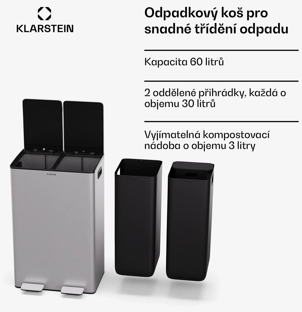 Klarstein EcoVista, odpadkový koš s kompostérem, 60 l + 3 l/koš + kompostér, Soft-Close