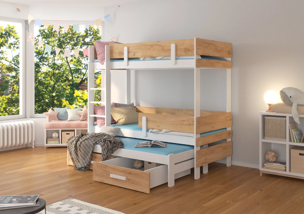 ADRK Furniture Třípatrová postel pro tři osoby ETAPO 200x90 CH-Eta-W+OGOLD-208-E1101