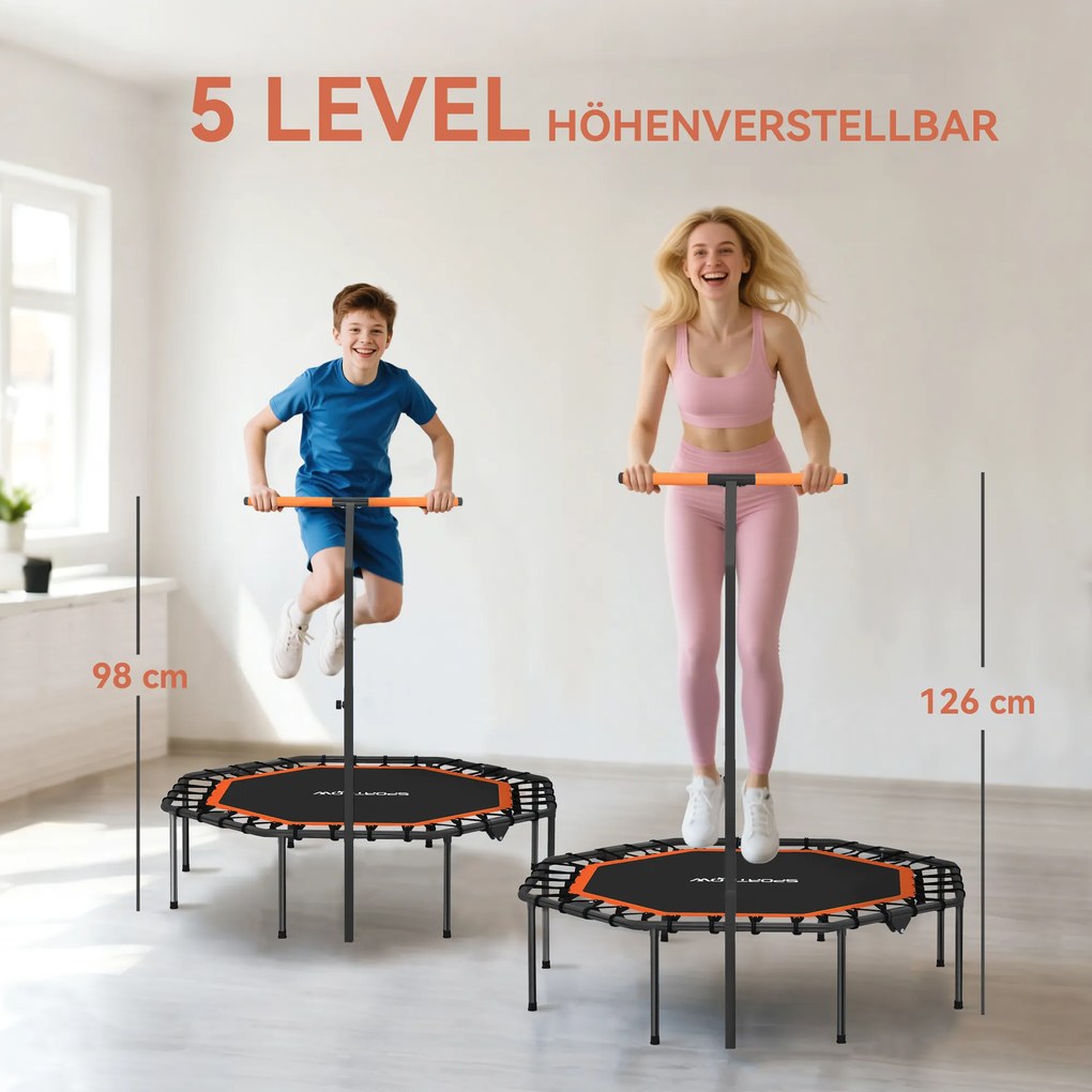Fitness trampolína, tréninková trampolína s nastavitelnou rukojetí, stabilní a tichá, pro interiér, ocel, oranžová