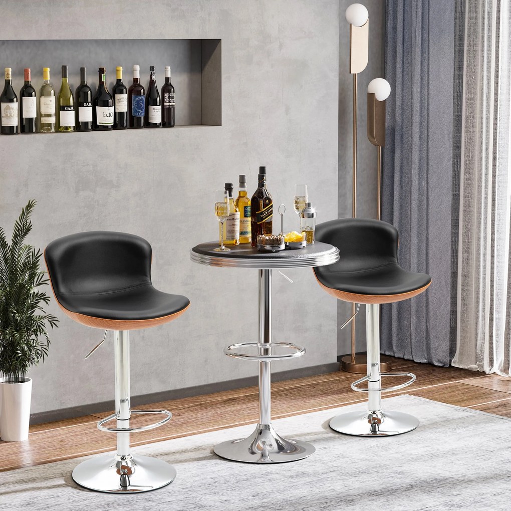 HOMCOM Set 2 Moderních Barových Židlí S Výškovým Nastavením 64-85 cm 360° Otáčecí Umělá Kůže Černá Napodobení Dřeva | Aosom