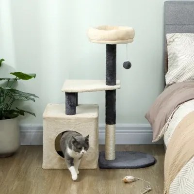 PawHut škrabadlo pro kočky 92 cm vysoké s domečkem, košíkem, sisalovými tyčemi a míčkem, krémově bílé