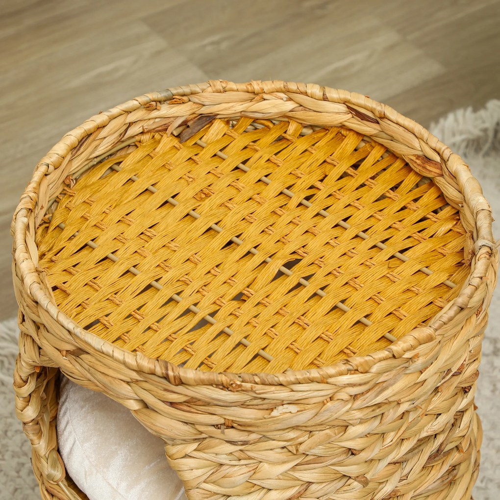 PawHut škrabací sud, 50 cm vysoký sud pro kočky se 2 jeskyněmi, škrabadlo s polštářem, věž pro kočky z vodního hyacintu, pro kočky do 3,5 kg, světle …