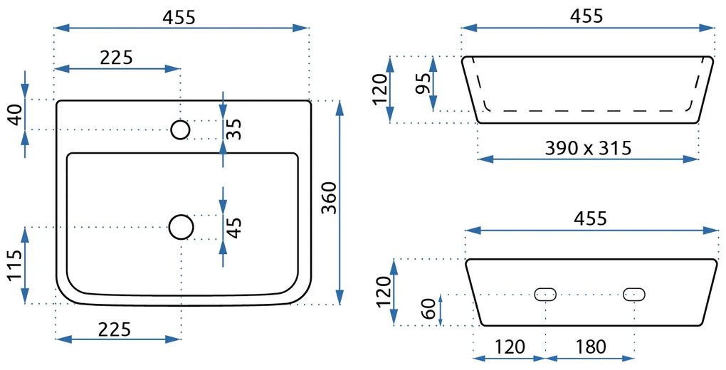 Rea Remi, umyvadlo na desku / závěsné 45,5 x 36 x 12 cm, bílá lesklá, REA-U6961
