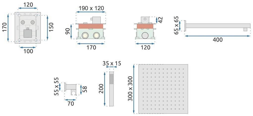 Rea Fenix Davis, podomítkový sprchový set + box s dešťovou a ruční sprchou, zlatá matná, REA-P6358
