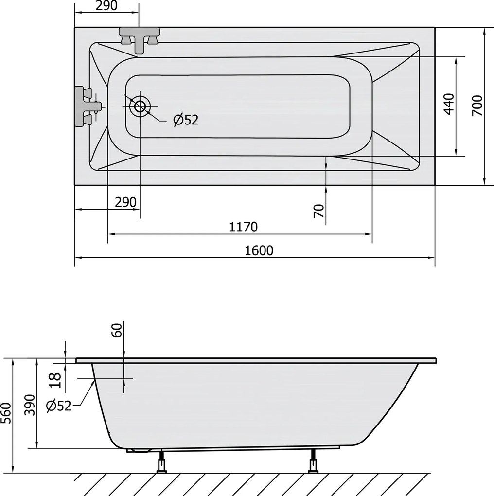 Polysan NOEMI SLIM 160 x 70 x 39 cm 71707S obdélníková vana bílá