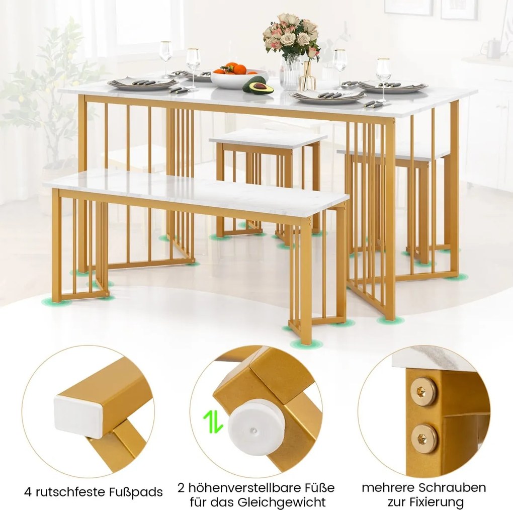 Costway 4dílná jídelní souprava se 2 židlemi, stolem a lavicí Moderní mramorová