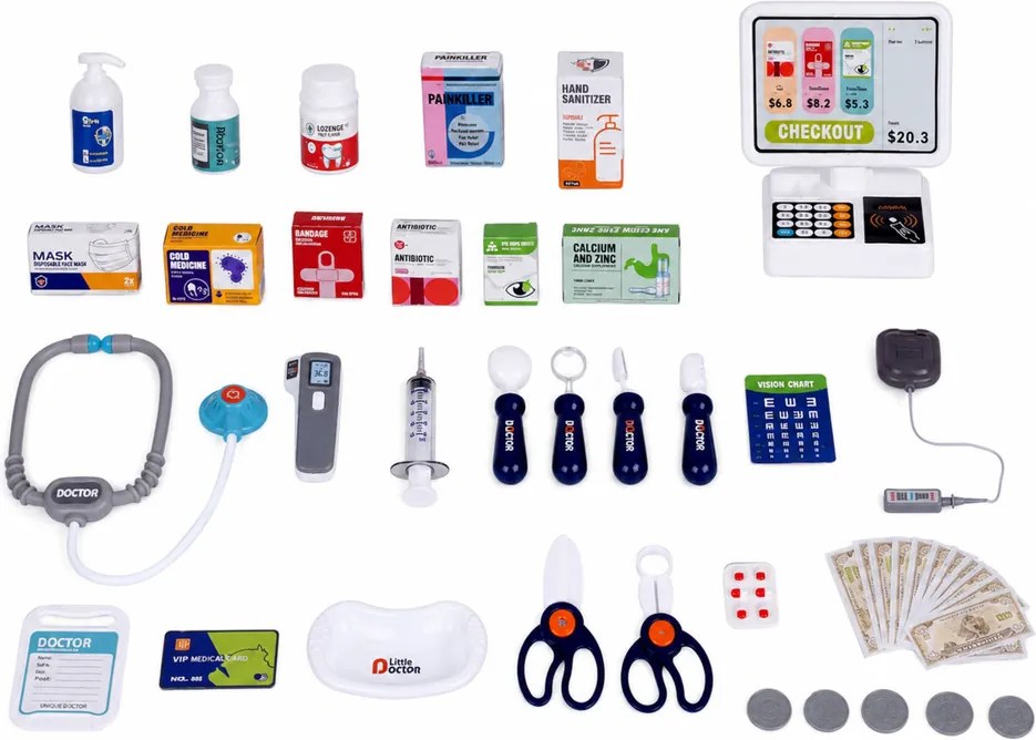 LEAN Toys Velká lékařská souprava – lékařský stolek, doktor, světla, zvuky, příslušenství, 61 ks