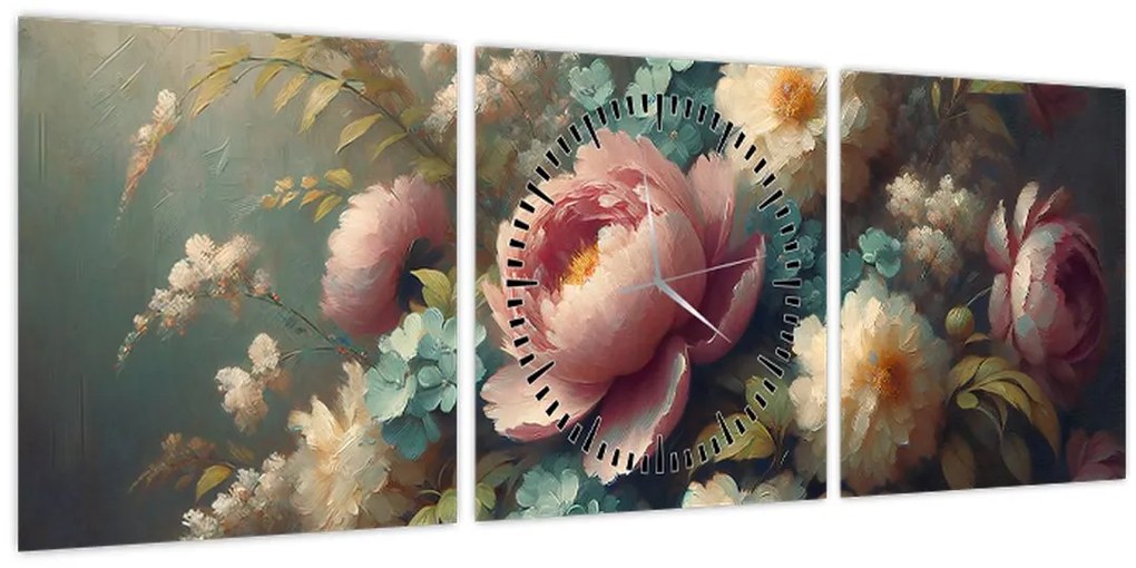 Obraz -  Zátiší s květinami - malba (s hodinami) (90x30 cm)
