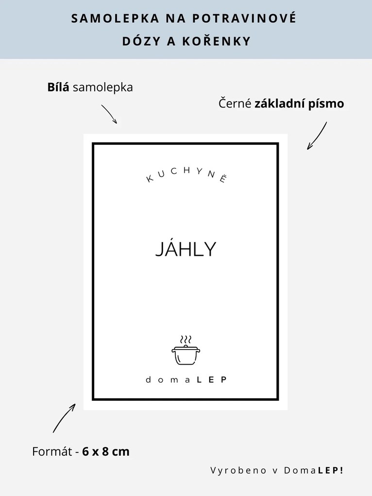 JÁHLY – bílá samolepka na dózu, základní písmo, 6 × 8 cm | DomaLEP