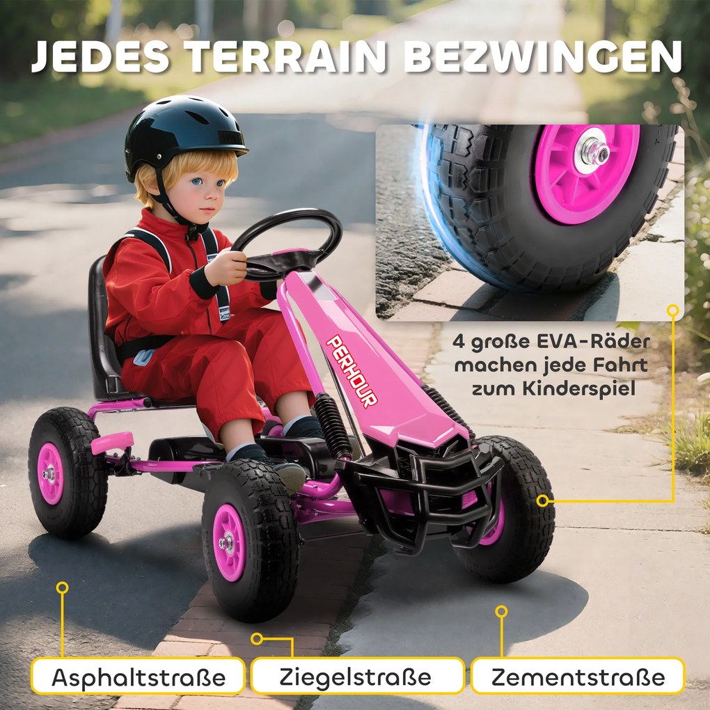 AIYAPLAY Pedálový gokart pro děti, výškově nastavitelné sedadlo, EVA kola, brzda, spojka, 3-8 let, růžová