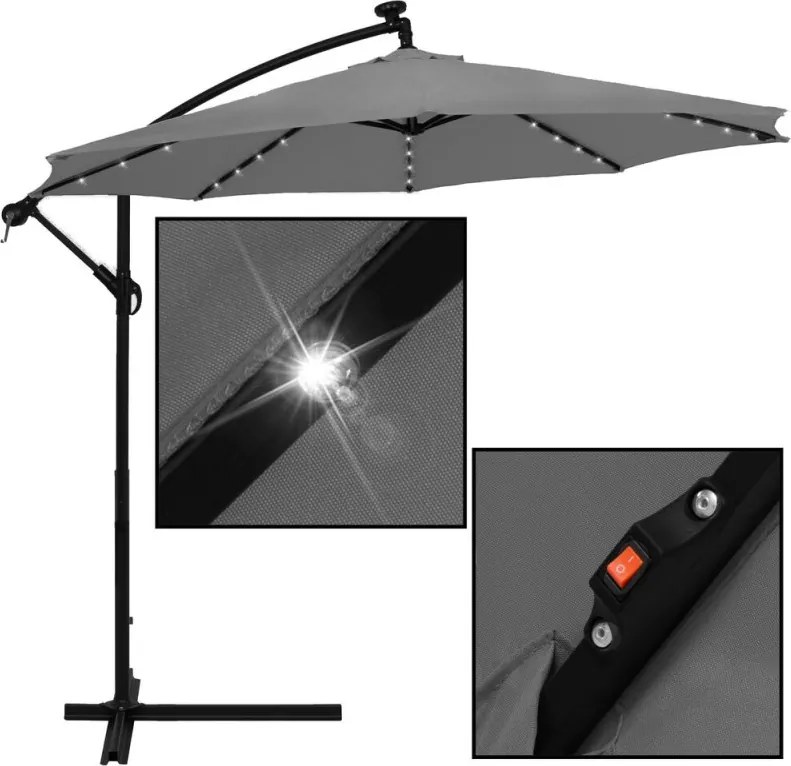 Zahradní slunečník s led osvětlením 290 cm, šedý SPRINGOS ATENA GU0046