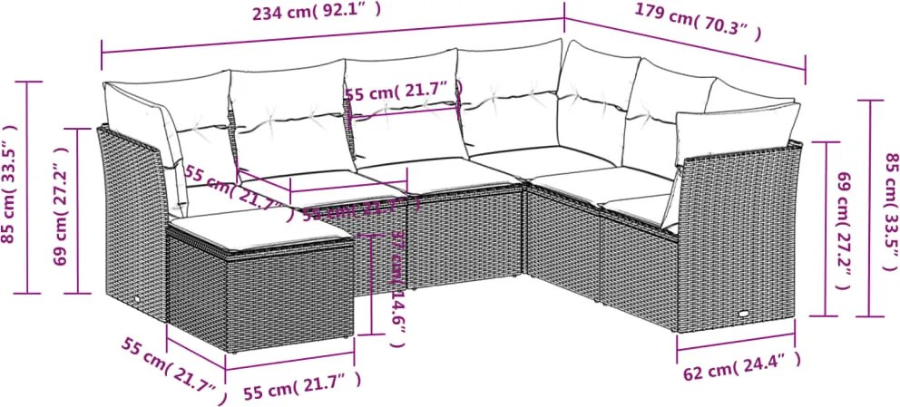7dílná zahradní sedací souprava s poduškami šedá polyratan 3249829