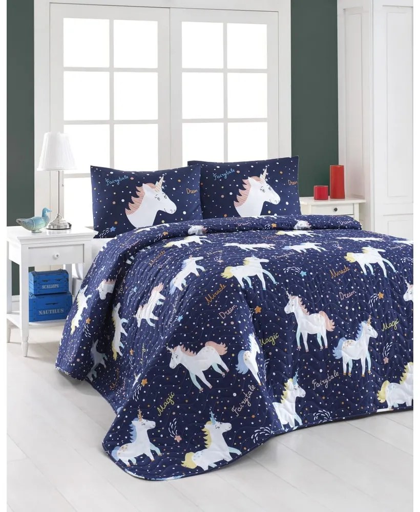 Set prošívaného přehozu a 2 povlaků na polštáře Eponj Home Magic Unicorn Dark Blue, 200 x 220 cm