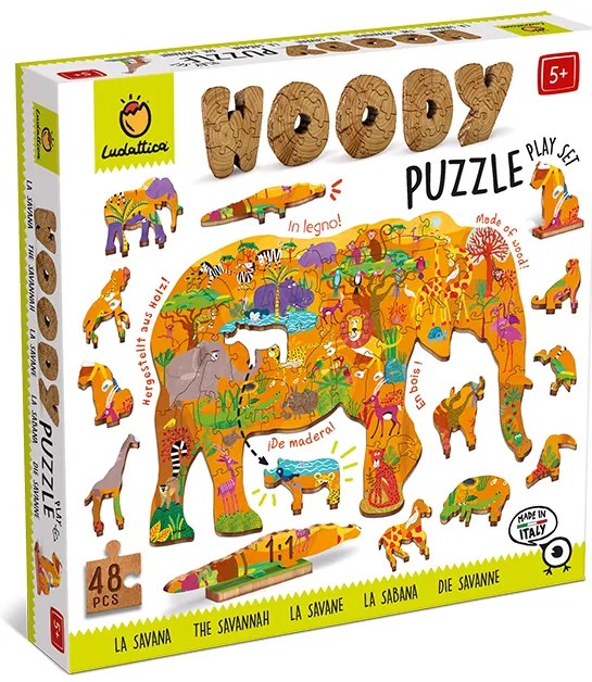 Dřevěné puzzle ludattica woody savana, dřevěné puzzle, 48 dílků