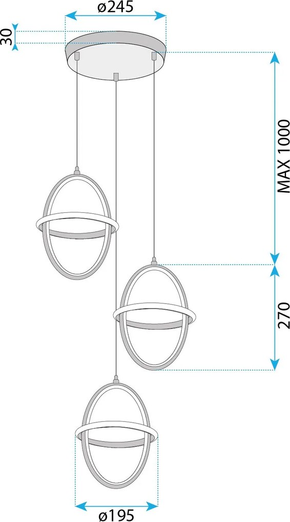 Toolight Toolight, LED závěsné svítidlo 3x 20x28cm, 60W, 4000K, 4200lm, G064-3CPR, zlatá lesklá, OSW-08696