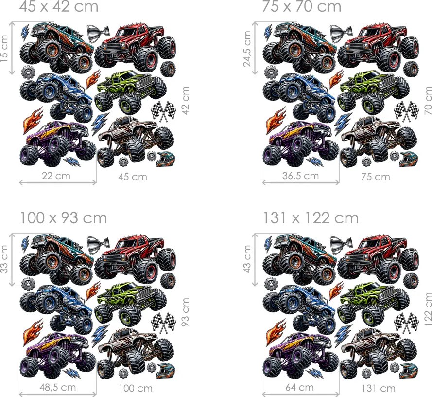 Auta monster trucky samolepky na zeď do klučičího pokoje arch 100 x 93 cm