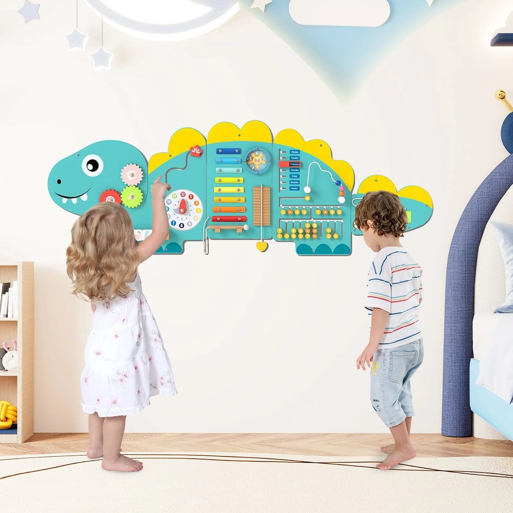 Costway Dinosaur Activity Wall pro batolata 11-in-1 Montessori dřevěná