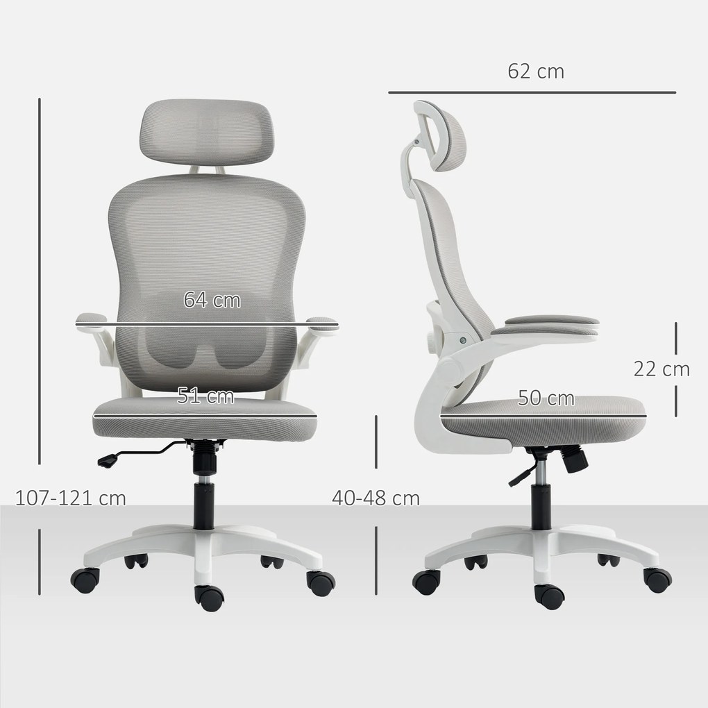 HOMCOM Ergonomická kancelářská židle s opěrkou zad z síťoviny, výškově nastavitelná, sklápěcí loketní opěrky, 5 koleček, houpací funkce, šedá