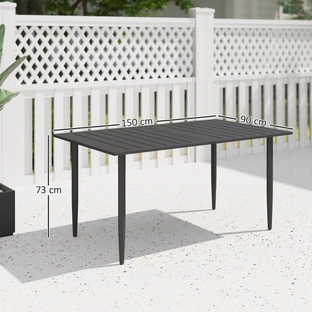 Zahradní stůl 150x90cm, ocelový balkonový stůl odolný proti povětrnostním vlivům, balkonový stůl s otvorem pro slunečník černý