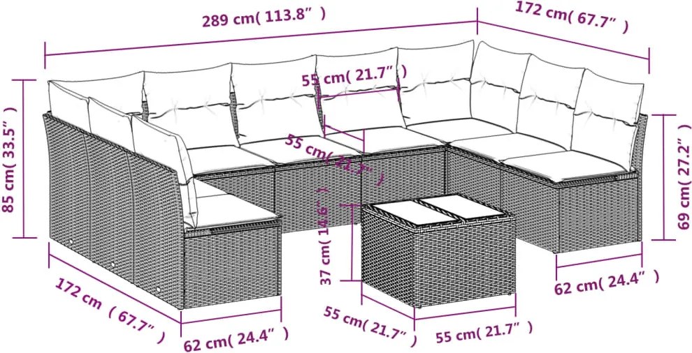 10dílná zahradní sedací souprava s poduškami černá polyratan 3249915