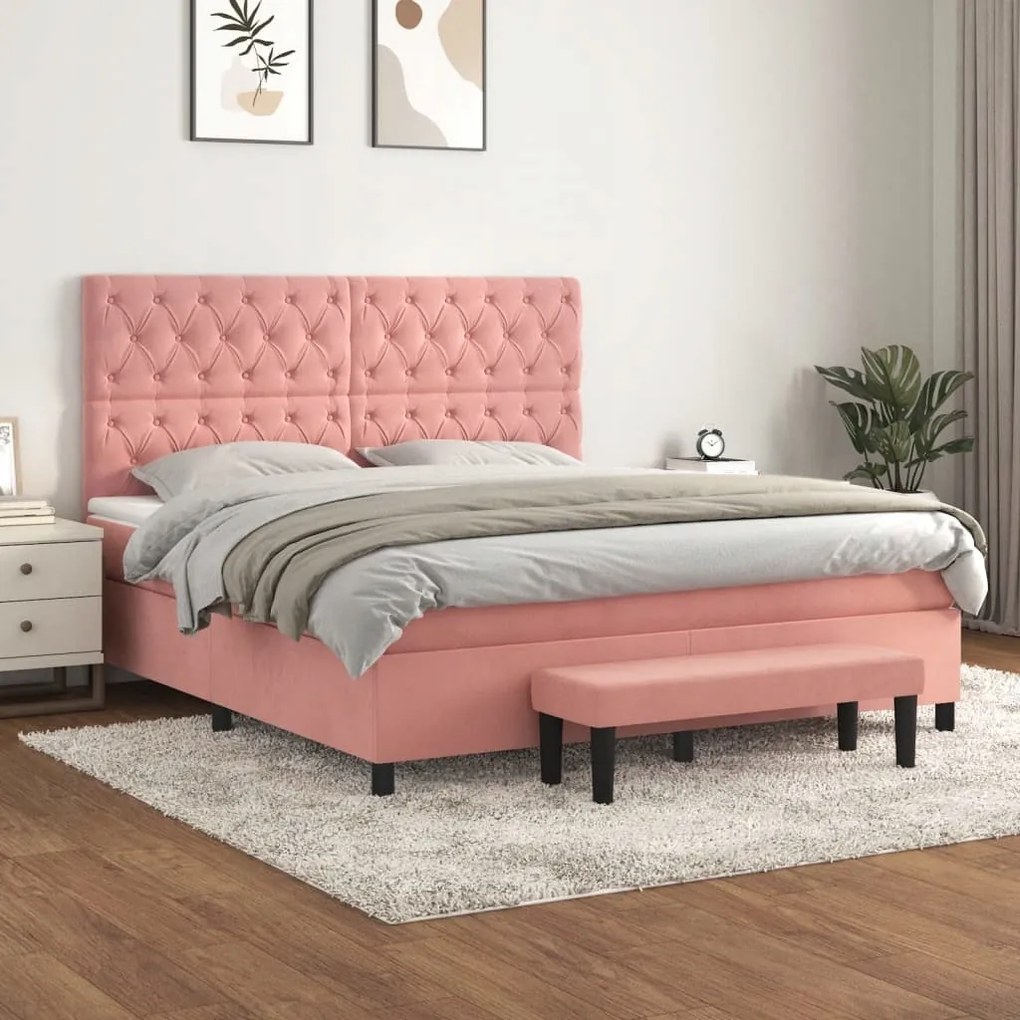 Box Spring Postel S Matrací Samet Růžová Prošívaný design 160 x 200 cm
