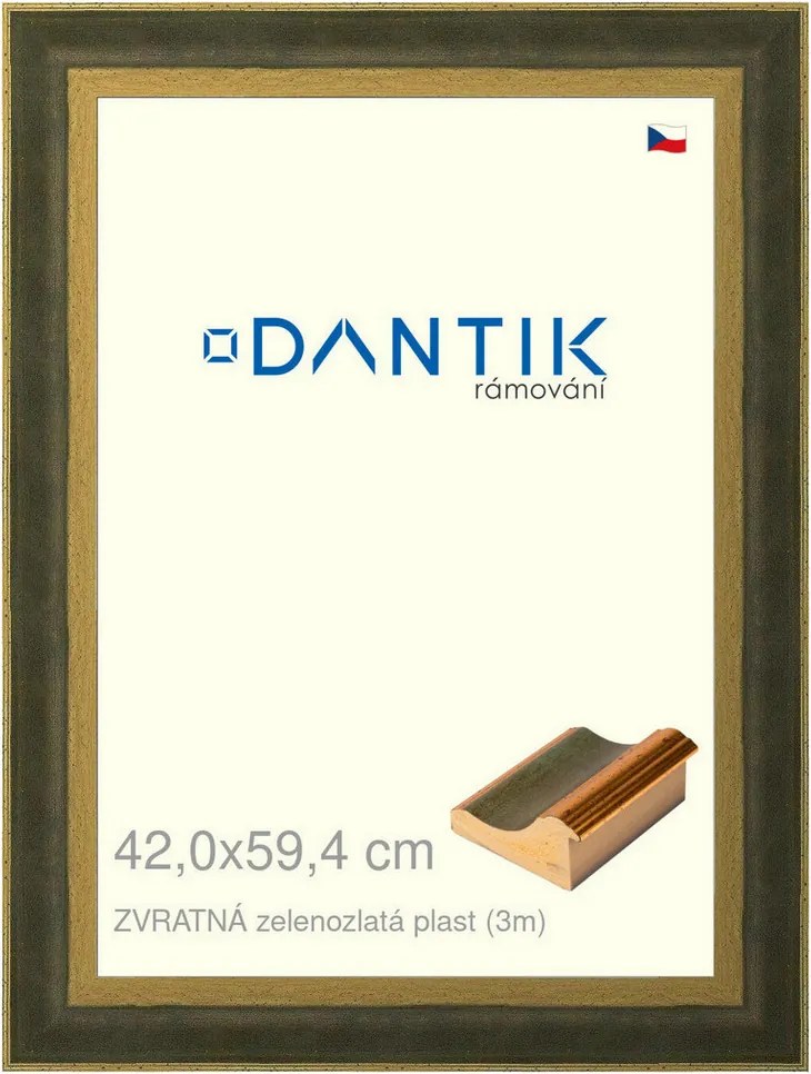 DANTIK rámeček 42x59,4 | ZVRATNÁ zelenozlatá plast (Plexi Čiré)