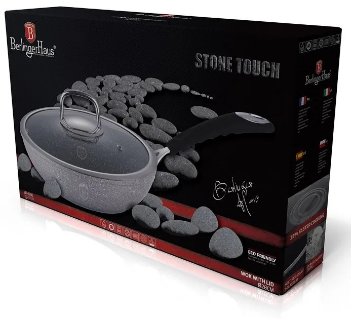 BERLINGERHAUS Wok s mramorovým povrchem s poklicí 28 cm Gray Stone Touch Line BH-1160