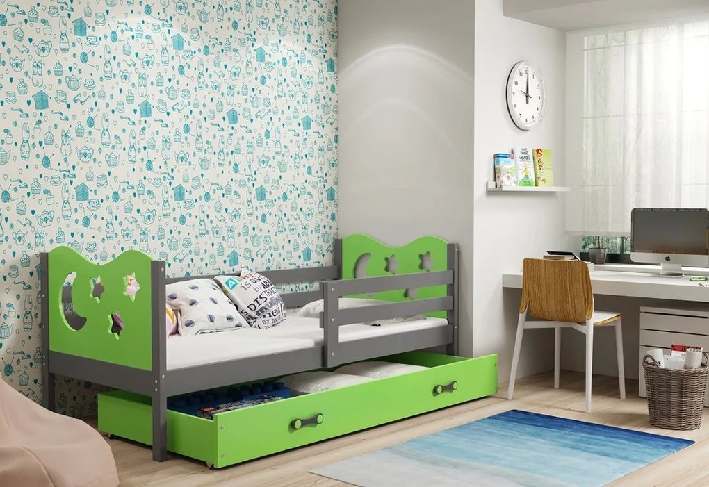 Dětská postel KAMIL + ÚP + matrace + rošt ZDARMA, 90x200, grafit, zelená