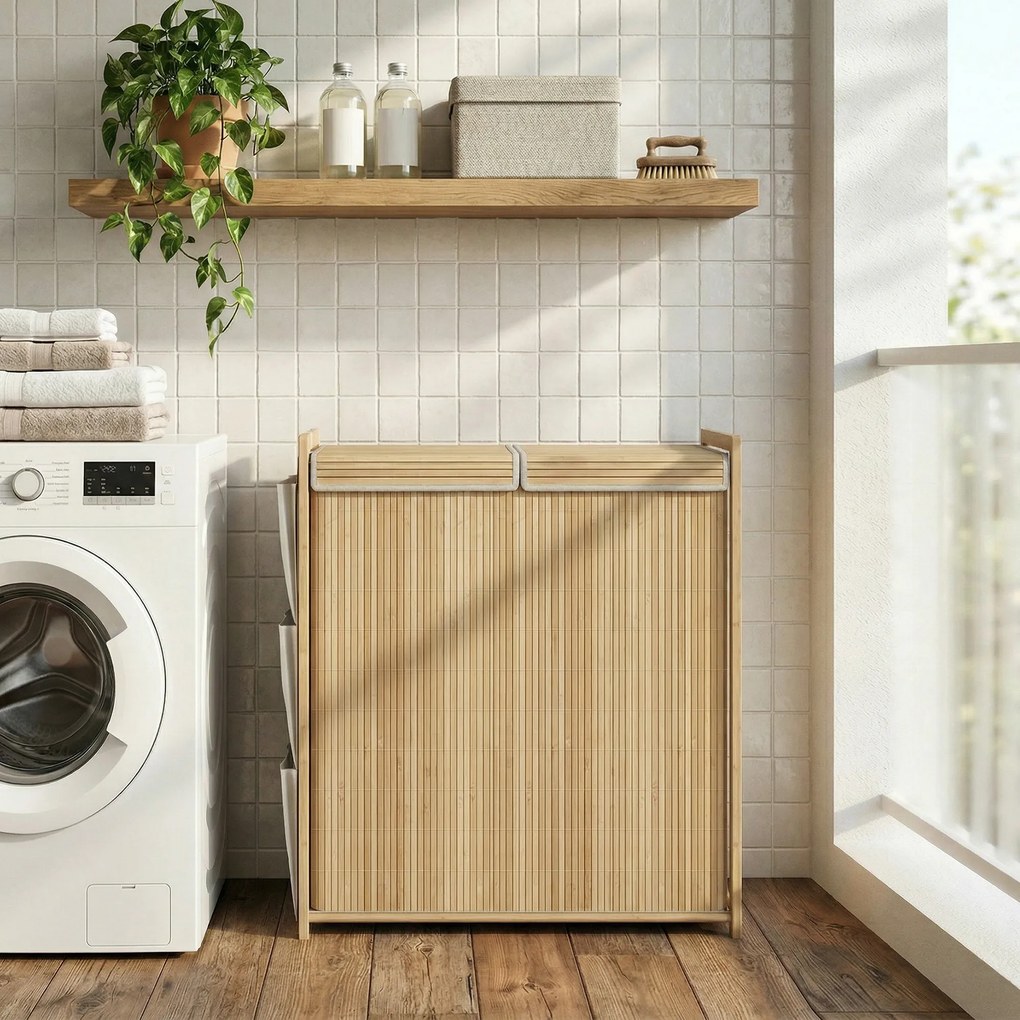 HOMCOM 120 l bambusový koš na prádlo s víkem, 2 přihrádky, snímatelné vaky se šňůrkou, boční kapsy, 63 × 33 × 78 cm, přírodní