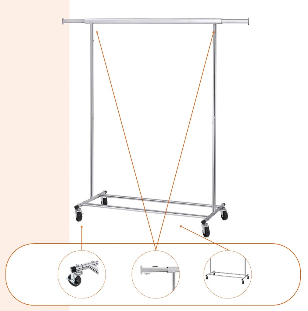 Stojan na oblečení INEZ na kolečkách, max. 90 kg, 83,5x45x160cm, stříbrná Jurhan