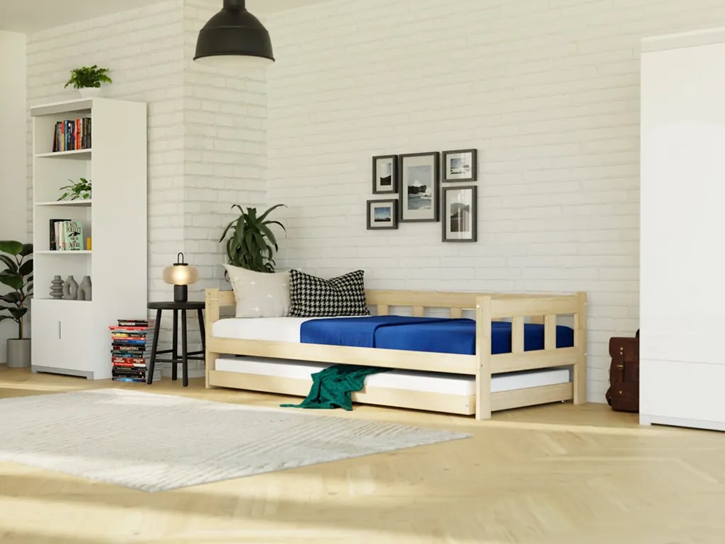 Benlemi Dřevěná jednolůžková postel FENCE 4v1 se zábranou a přistýlkou Zvolte barvu: Pastelově růžová, Zvolte rozměr: 90x200 cm, Zvolte zábranu: S jednou zábranou