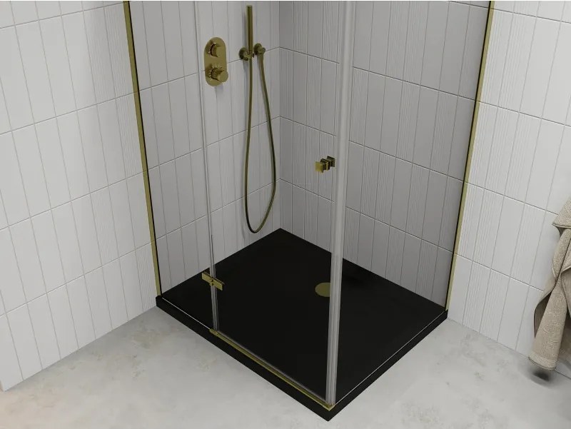 Mexen Roma, sprchový kout s 1-křídlými dveřmi 100 (dveře) x 80 (stěna) cm, 6mm čiré sklo, zlatý profil, slim sprchová vanička 5cm černá, 854-100-080-50-00-4070G