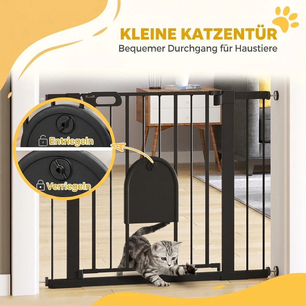 PawHut Zabezpečovací brána pro domácí mazlíčky 75-103 cm pro schody a dveře s 2 prodlouženími, automatickým zámkem a dvojitým zámkovým systémem, černá