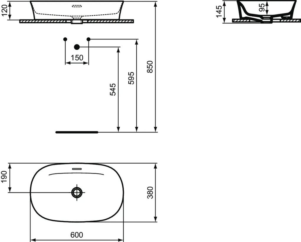 Ideal Standard Ipalyss - Umyvadlo na desku 600x380 mm, s přepadem, Ideal Plus, bílá E1397MA