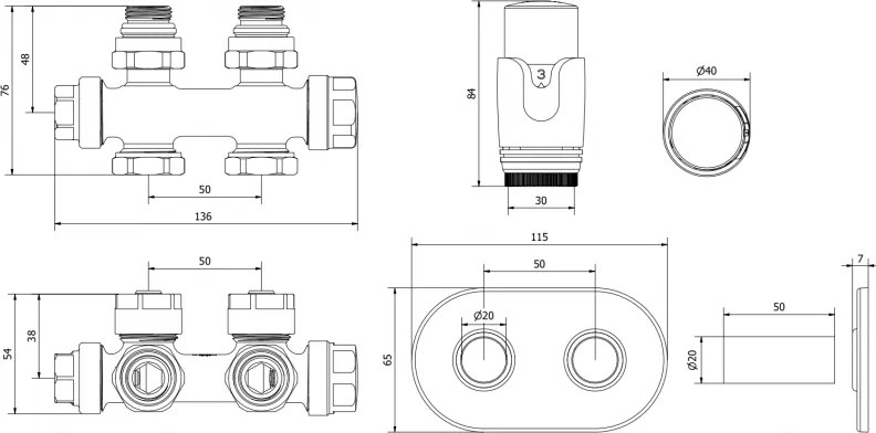 Mexen G00, termostatická souprava Duplex s kulatou krytkou, úhlové/rovné připojení DN50, zlatá lesklá, W908-900-905-50