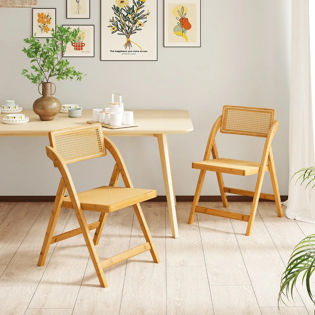 Costway Sada 2 ratanových skládacích židlí s bambusovým rámem